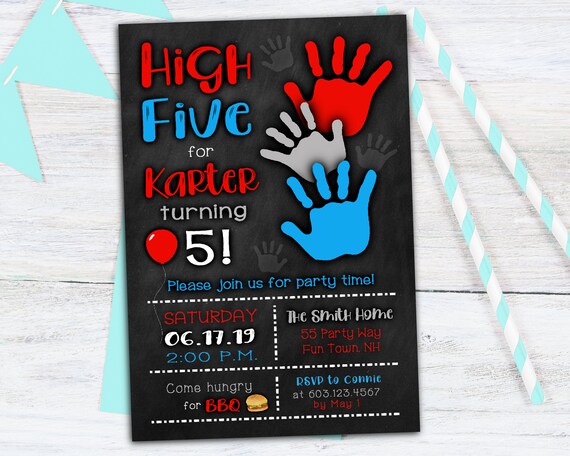 High Five Birthday Party Invitation - High Five to Age 5 Party Invite ...