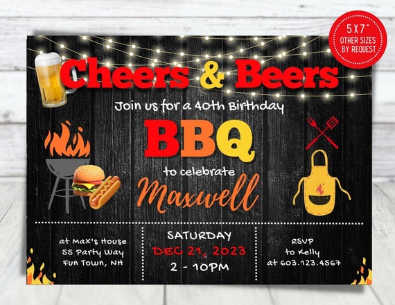 BBQ Birthday Party Invitation - Cheers and Beers - 50th Birthday - 40th ...