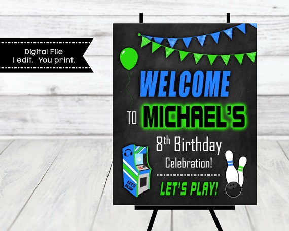 Arcade Party Welcome Sign - Welcome Sign - Arcade Games and Bowling ...