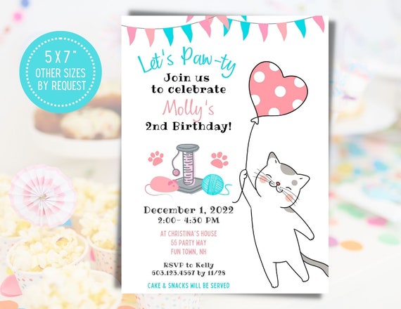 Kitten Party Invitation - Kitty Cat Party Invite - Cat Birthday Party ...