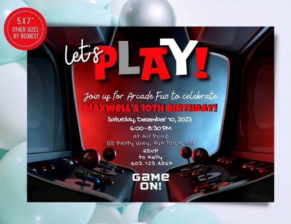 Arcade Games Birthday Party Invite, Arcade Party Invitation, Gaming ...