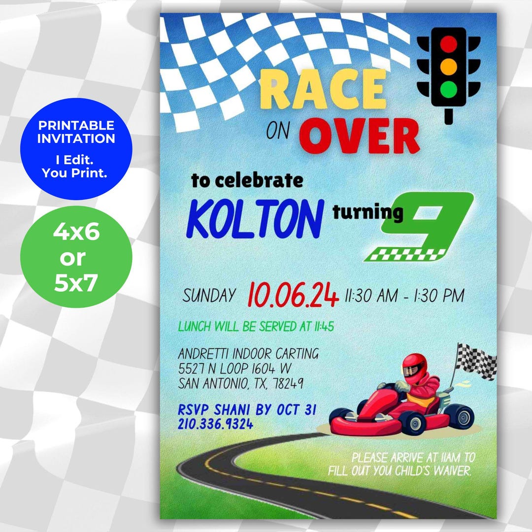 Go-kart Racing Themed Birthday Party Invite for Kids Printable Go Kart ...