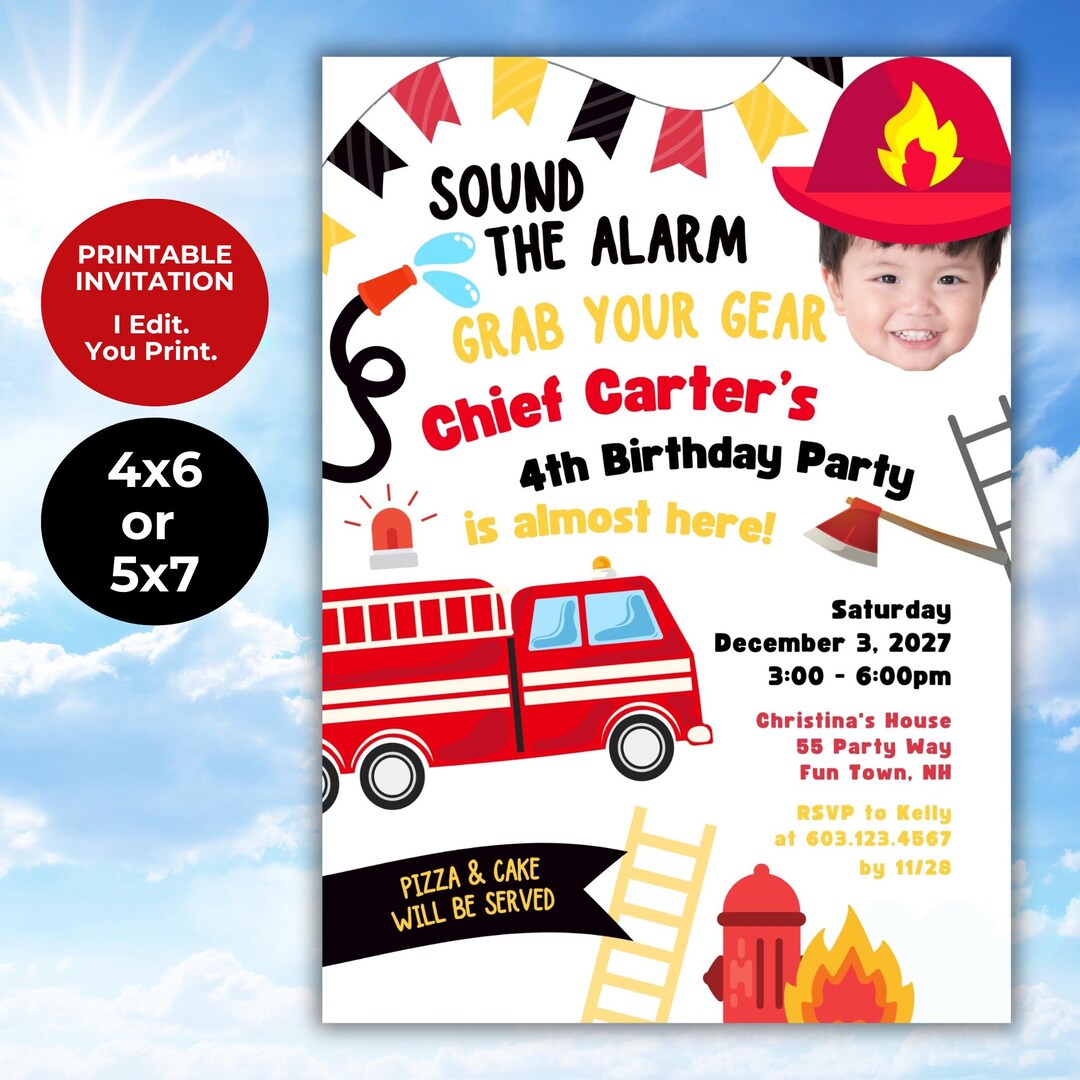 Firetruck Birthday Invitation Fire Station Party Boys Fourth Birthday ...