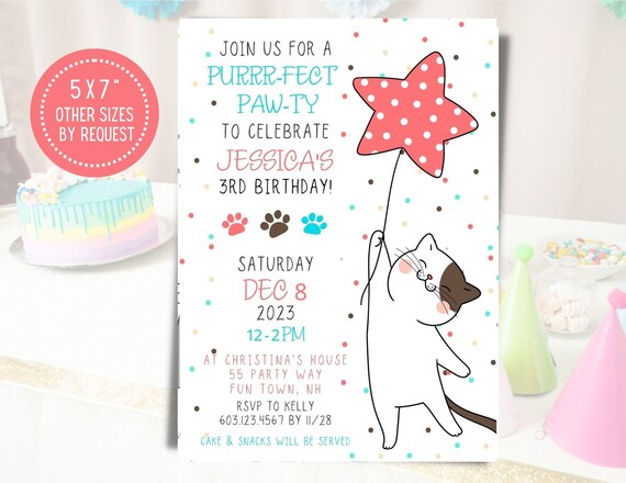 Cats Invitation - Kitty Party Invite - Coral and Turquoise Cat Birthday ...