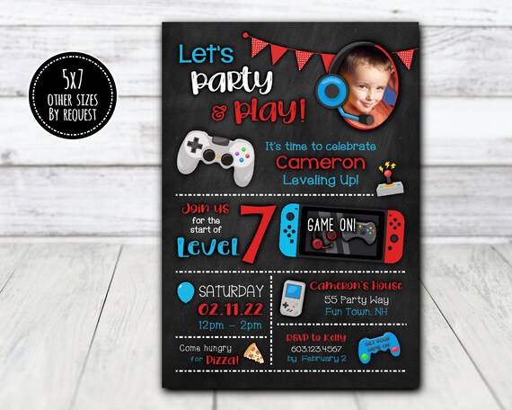 Video Game Birthday Party Invitation in Red and Blue on Chalkboard ...