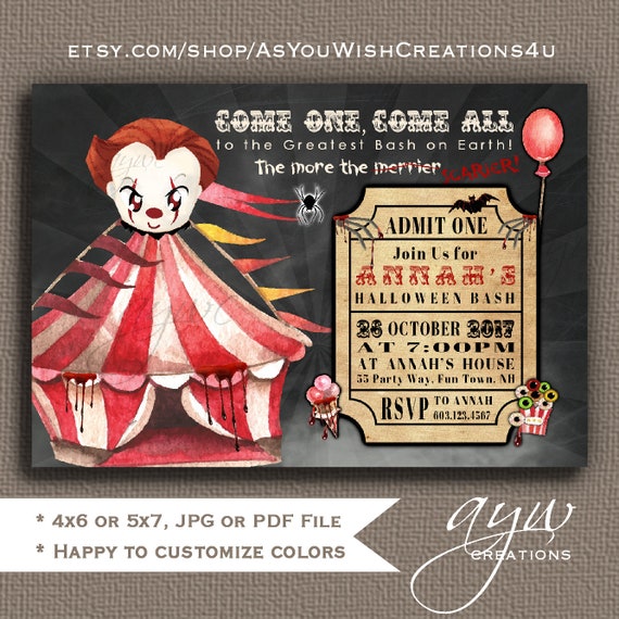 Creepy Clown Halloween Party Invitation, Halloween Themed Birthday ...