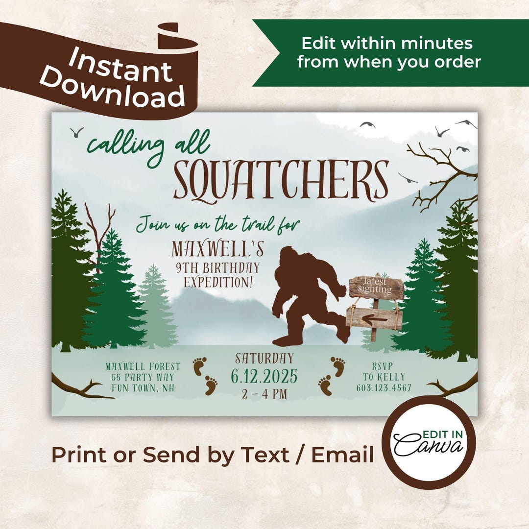 Sasquatch Birthday Party Invitation Template Printable Editable ...