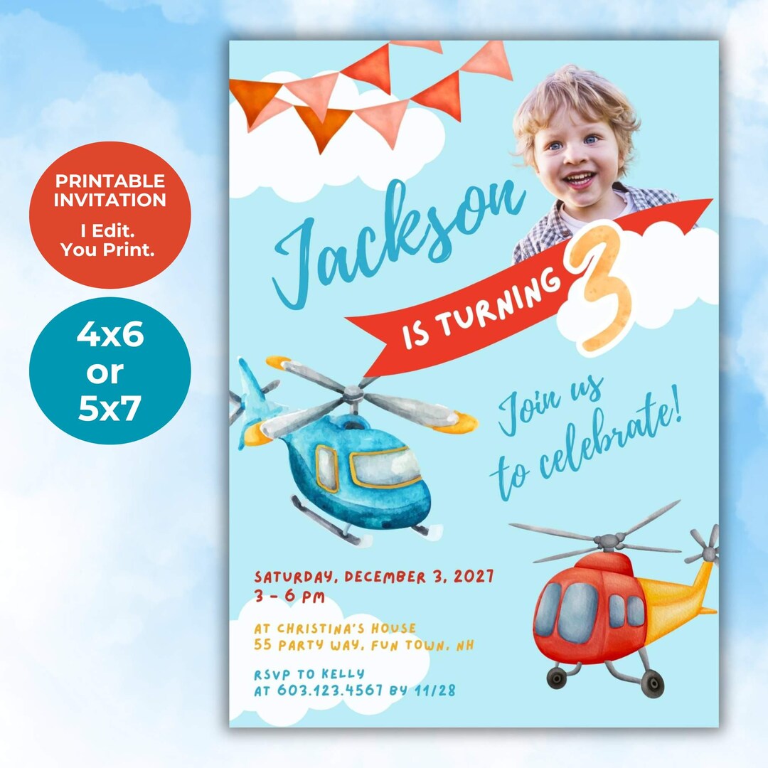 Helicopter Party Invitation for Boy Party Helicopter Theme Birthday ...