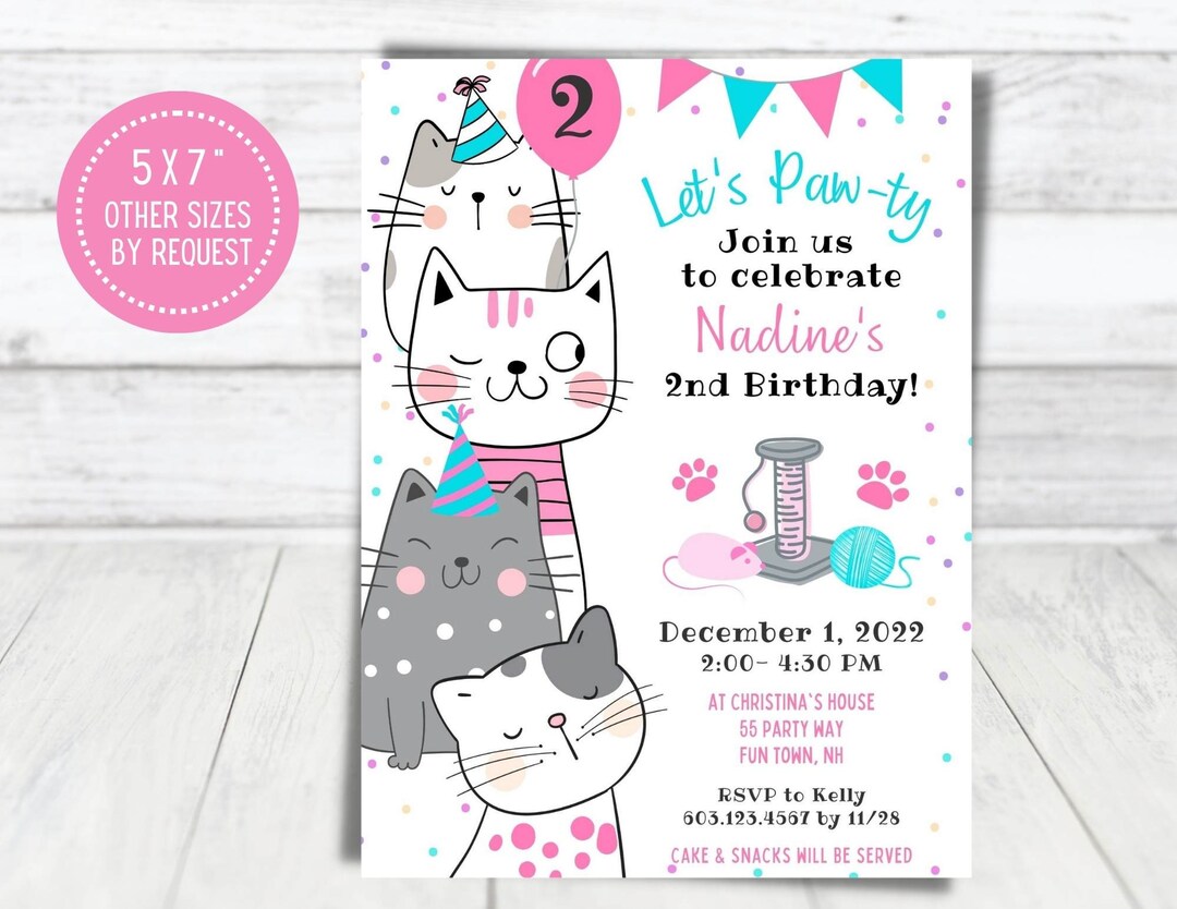 Cat Birthday Invitation Girl Cat Party Invitation Cat Party Invite Cat ...