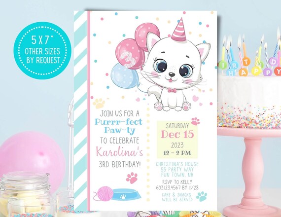 Kitten Invitation - Cat Party Invite - Cute Kitten Birthday Party ...