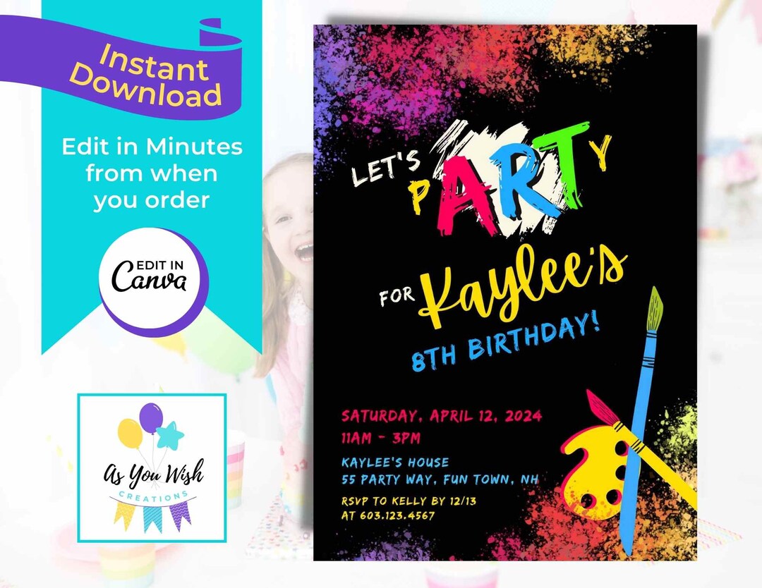 Art Birthday Party Invitation Splatter Paint Party Editable - Etsy