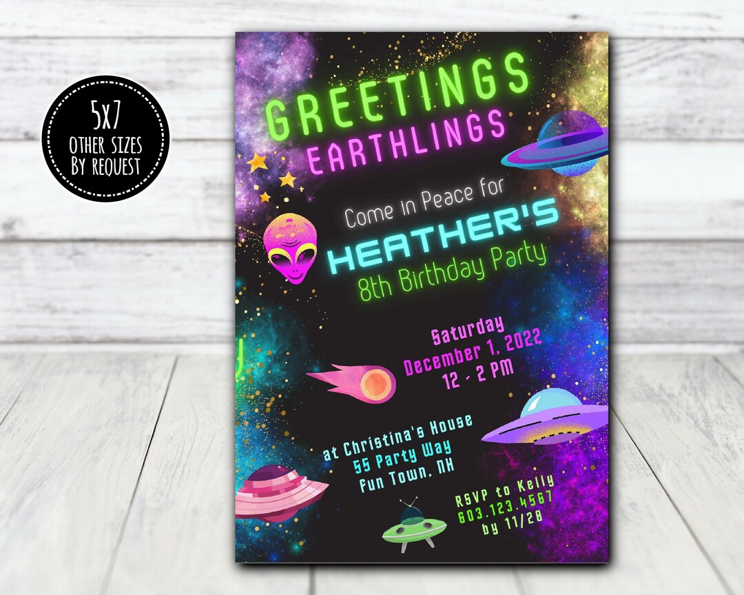 Aliens Invitation Outer Space Birthday Party Invite Alien and UFO Party ...