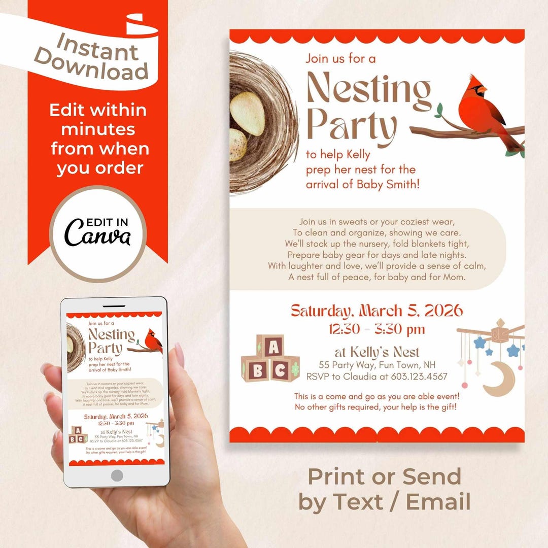 Editable Cardinal Nesting Party Invitation Template Cardinal Baby ...