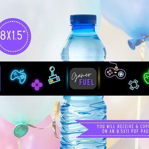 Video Game Party Water Bottle Labels, Gaming Party Drink Label, Glow ...