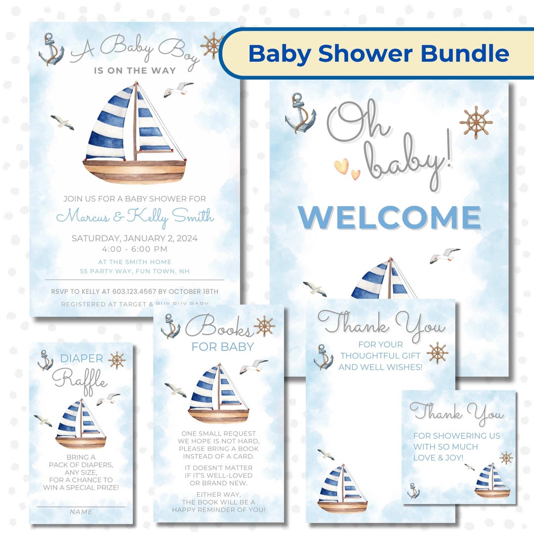 Nautical Baby Shower Invitation Sailboat Baby Shower Bundle Boy Baby ...