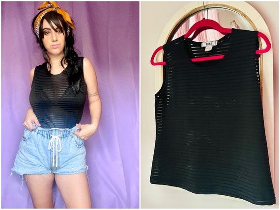90s-Y2K Obe Black Sheer Club Kid E-Girl Sleeveless Top - Gem