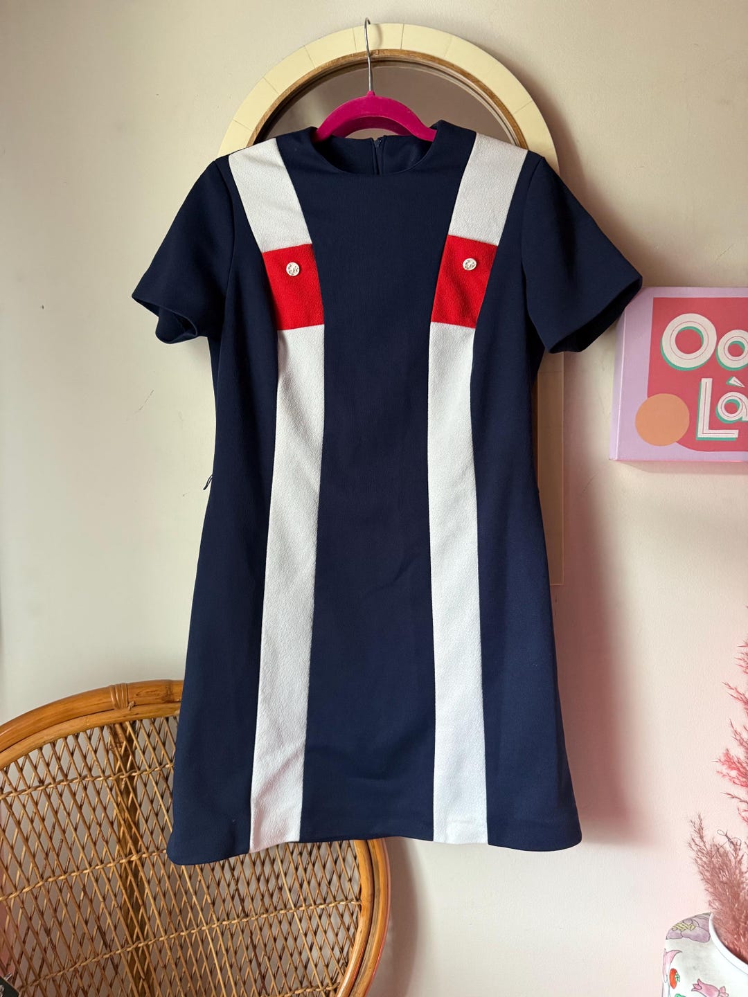 60s Mod Mini Dress / Dyanne Dallas Navy Blue, Red, White Shift / Go Go ...