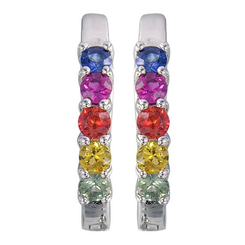 Multicolor Rainbow Sapphire Huggie Earrings Prong Set 925 Etsy