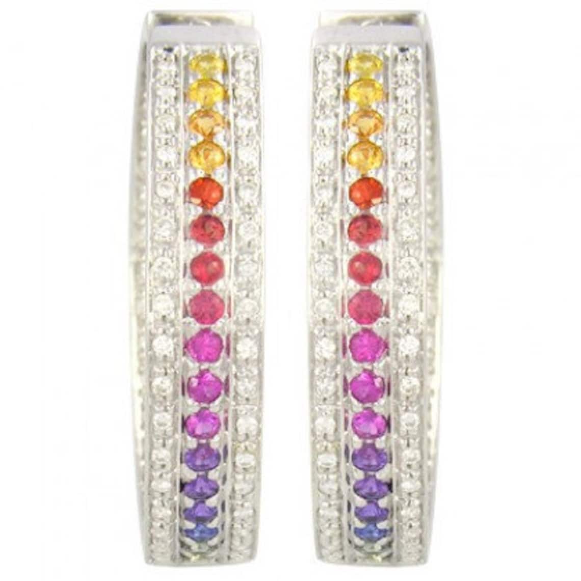 Multicolor Rainbow Sapphire And Diamond Hoop Earrings 18k White Etsy