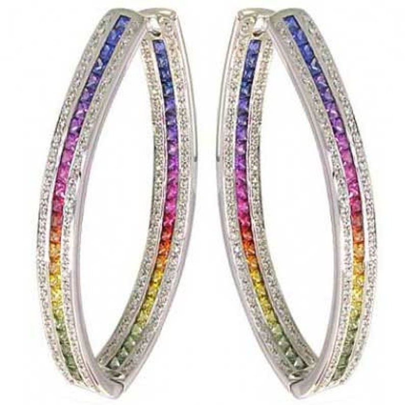 Multicolor Rainbow Sapphire And Diamond Inside Out Hoop Earrings Etsy