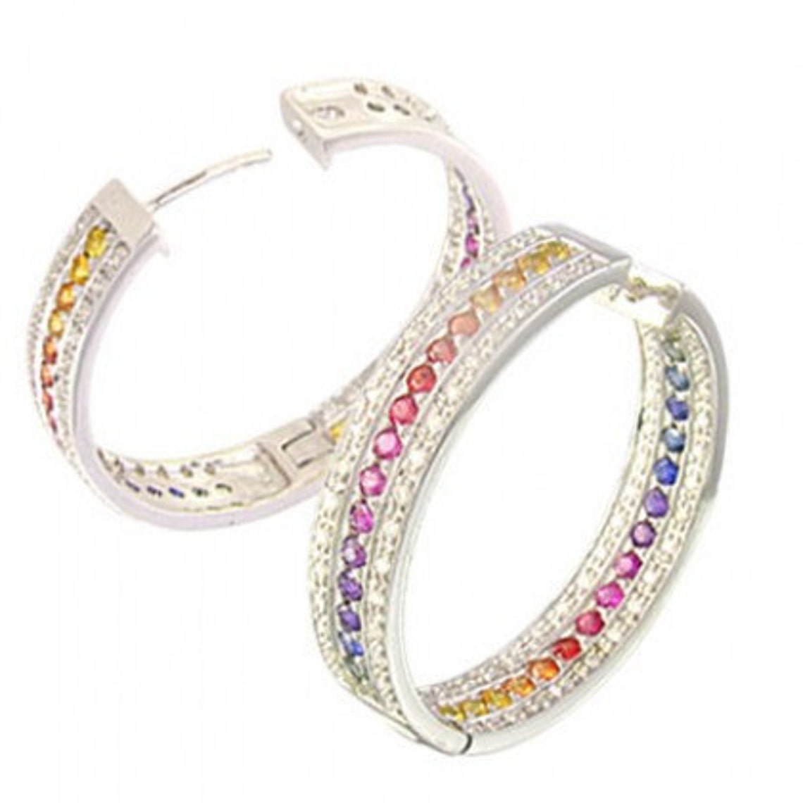 Multicolor Rainbow Sapphire And Diamond Hoop Earrings 18k White Etsy