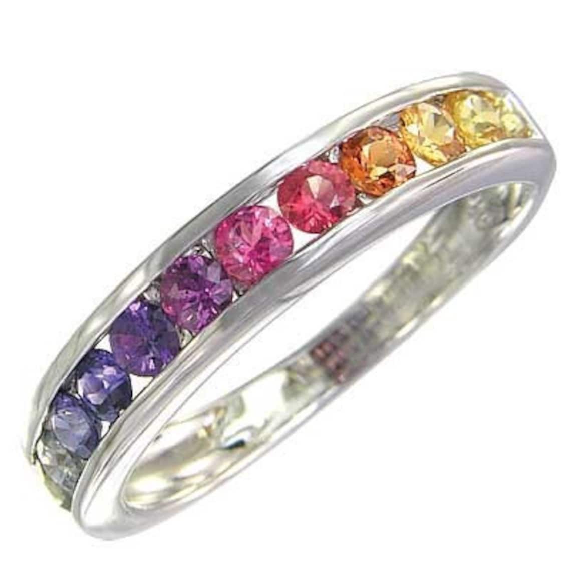 Rainbow Sapphire Gemstone Made Ring Multicolor Rainbow Half | Etsy