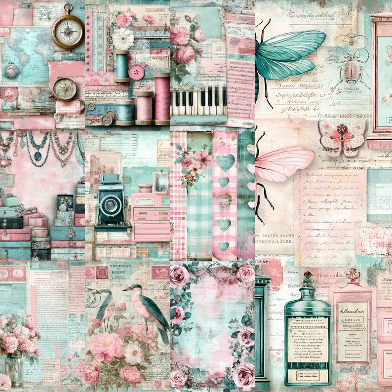 Vintage Pink Mint Floral Digital Papers, Junk Journal Pages, Shabby ...