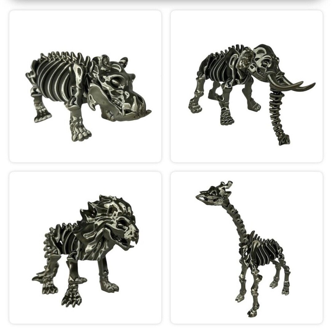 Animal Skeletons Figurines Metallic Set 4 Giraffe Lion Elephant Hippo ...