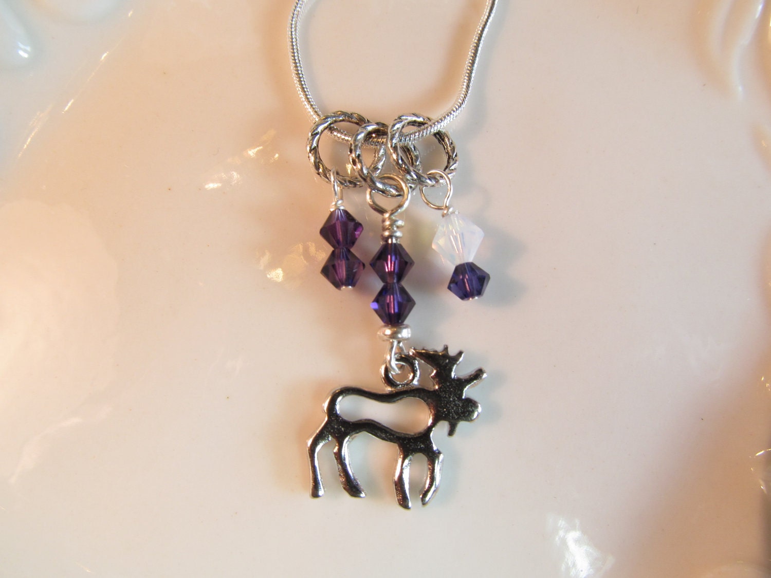 Moose Charm Necklace Dainty Silver Tone With Purple Crystals - Etsy
