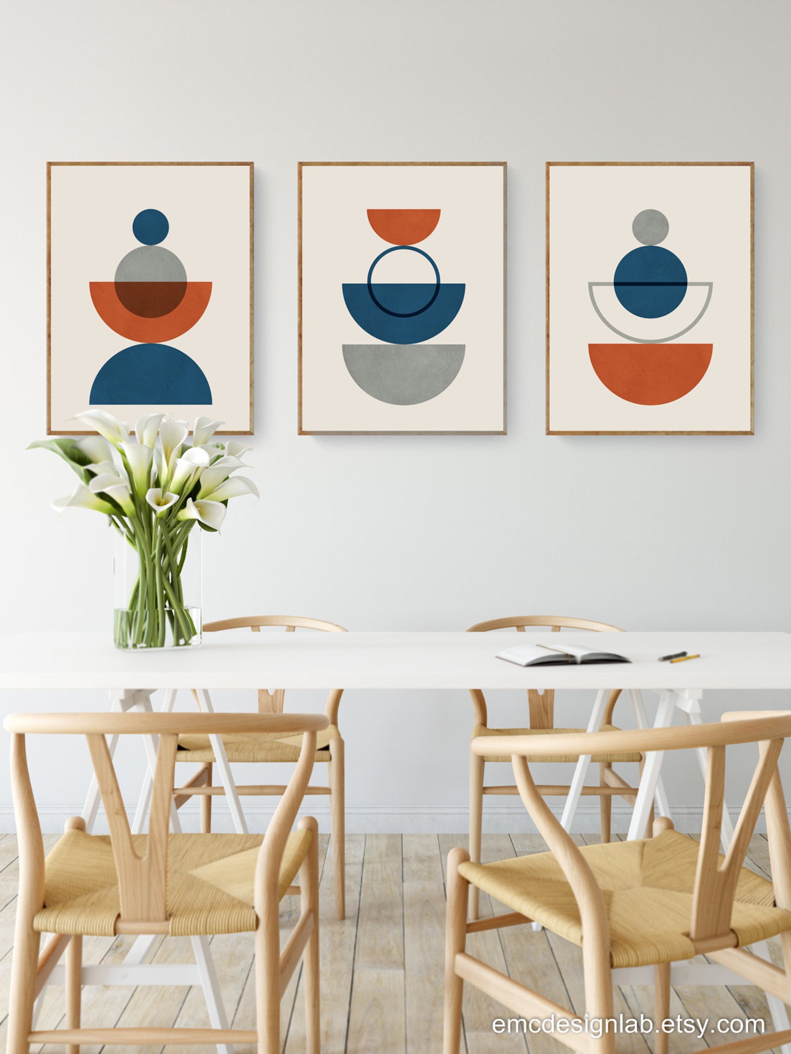 Set of 3 Navy Rust Gray Wall Art Prints, Minimalist Design Set of 3 ...