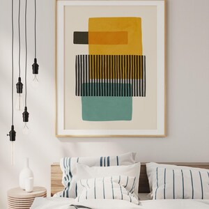 Abstract Teal Gray Yellow Wall Art, Mustard Light Teal Black Stripes ...