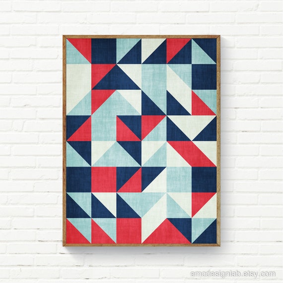Triangles Wall Art Geometric Prints Download White Blue Red | Etsy