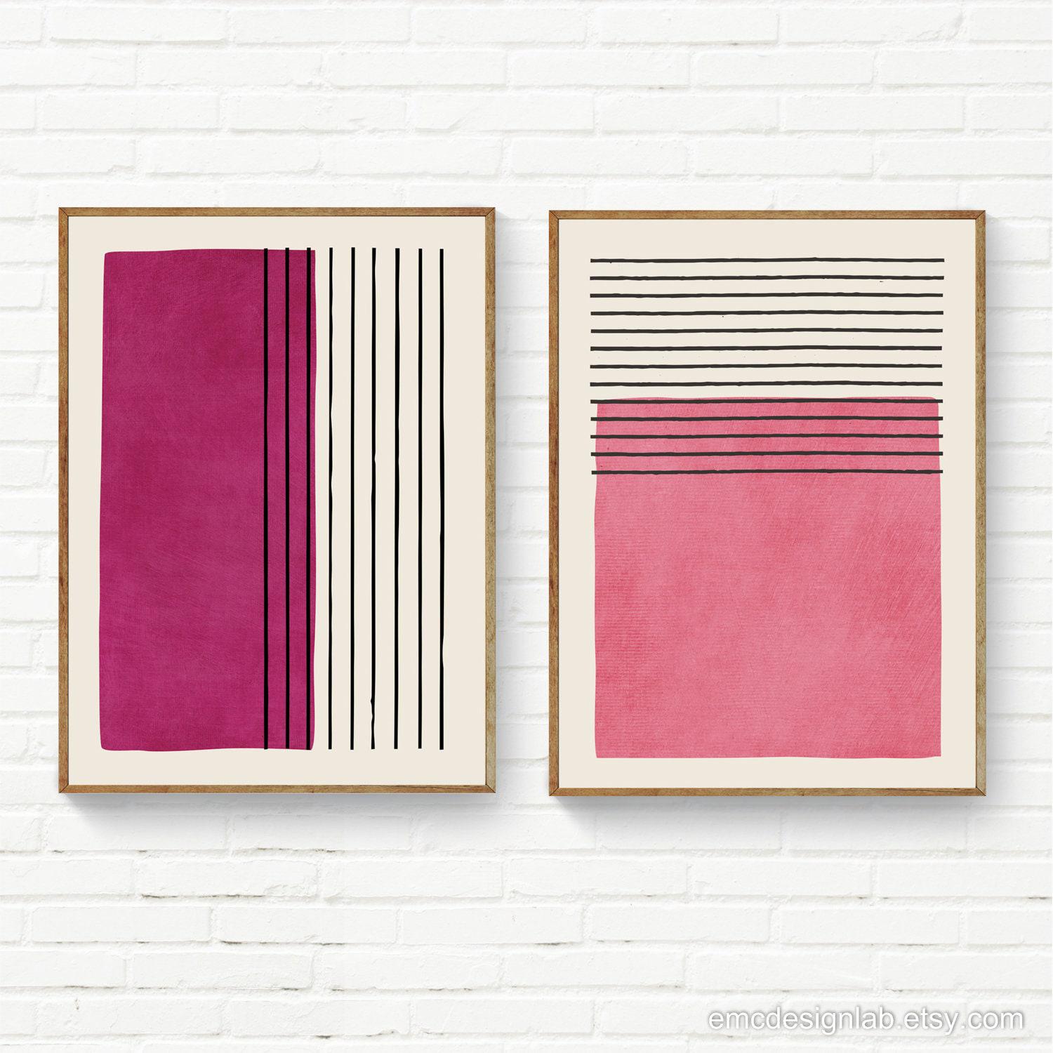 Minimalist Berry Color Artwork Modern Print Thin Black Lines Color ...