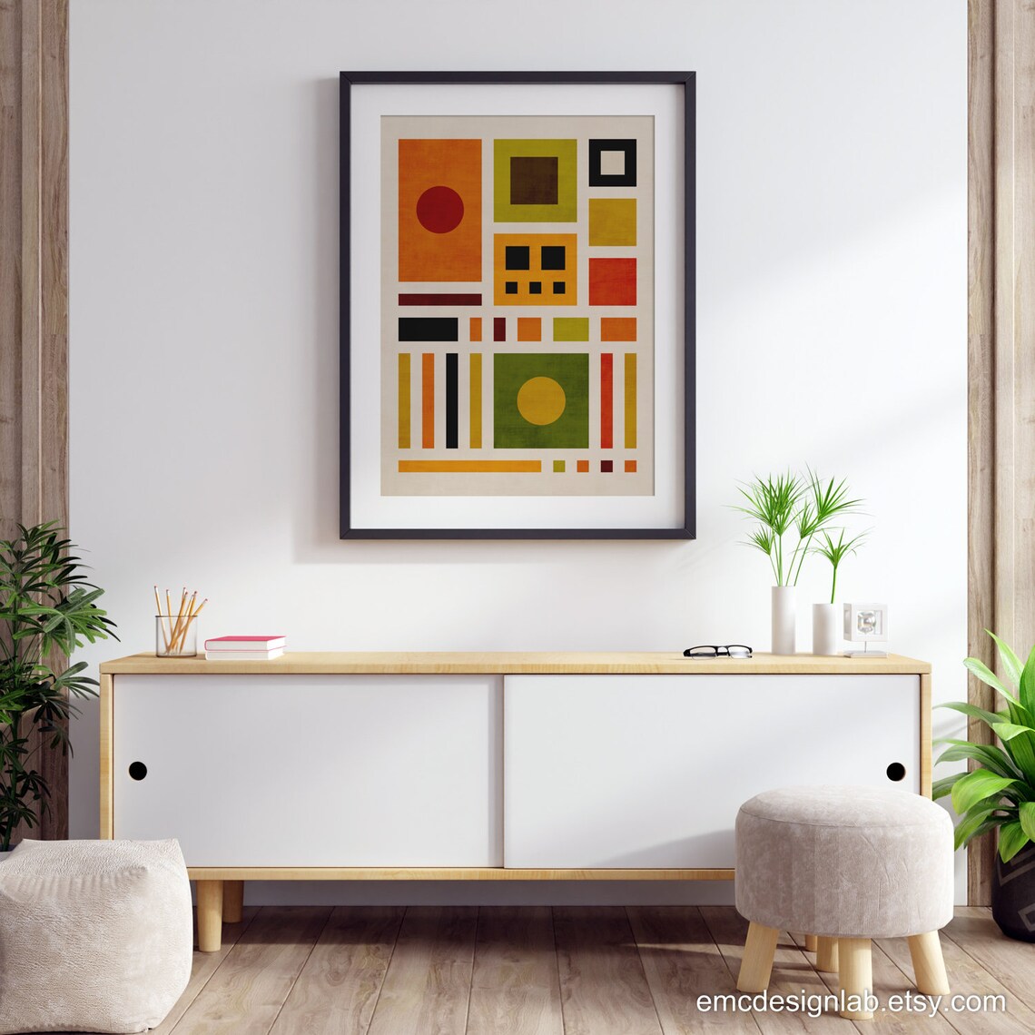 MCM Original Abstract Geometric Modern Print, Colorful Wall Art, Mid ...