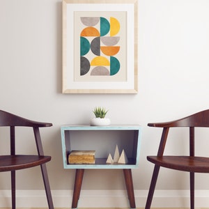 Teal Gray Yellow Beige Orange Modern Geometric Wall Art, Mid-century ...