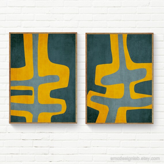 Blue & Yellow Modern Wall Art Set Mid-century Abstract Set of - Etsy