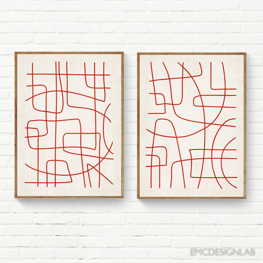 Red Line Art Modern Minimalist Set of 2 Prints Simple Elegant Original ...