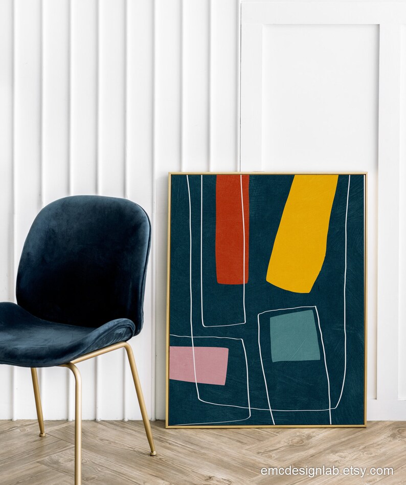 Minimalist Abstract Navy Blue Background Yellow Burnt Orange - Etsy