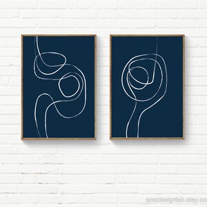Minimalist Navy Blue Line Art Line Art Print Living Room - Etsy