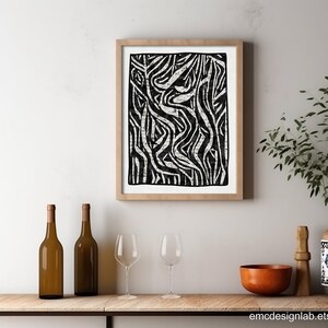 Modern Abstract Rough Texture Linocut Artwork Digital Linocut Abstract Black White Wall Art Gray ...