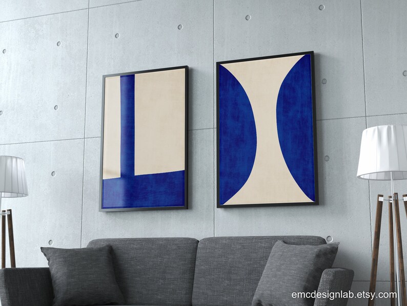Deep Blue Neon Linen Texture Wall Art / Minimalist Blue Beige Artwork ...