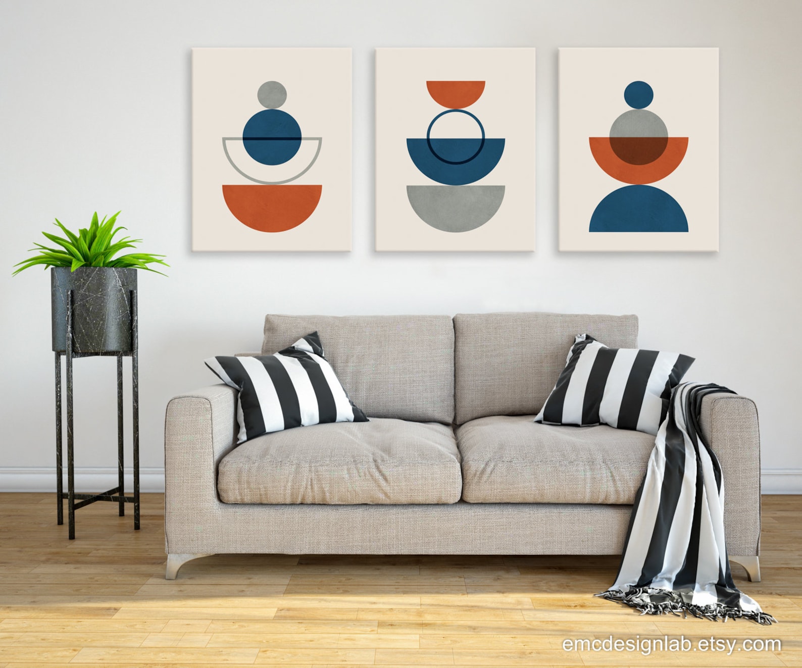 Set of 3 Navy Rust Gray Wall Art Prints, Minimalist Design Set of 3 ...