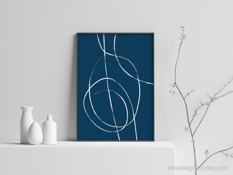 Navy Blue Wall Art Minimalist Line Art Print Blue and White | Etsy