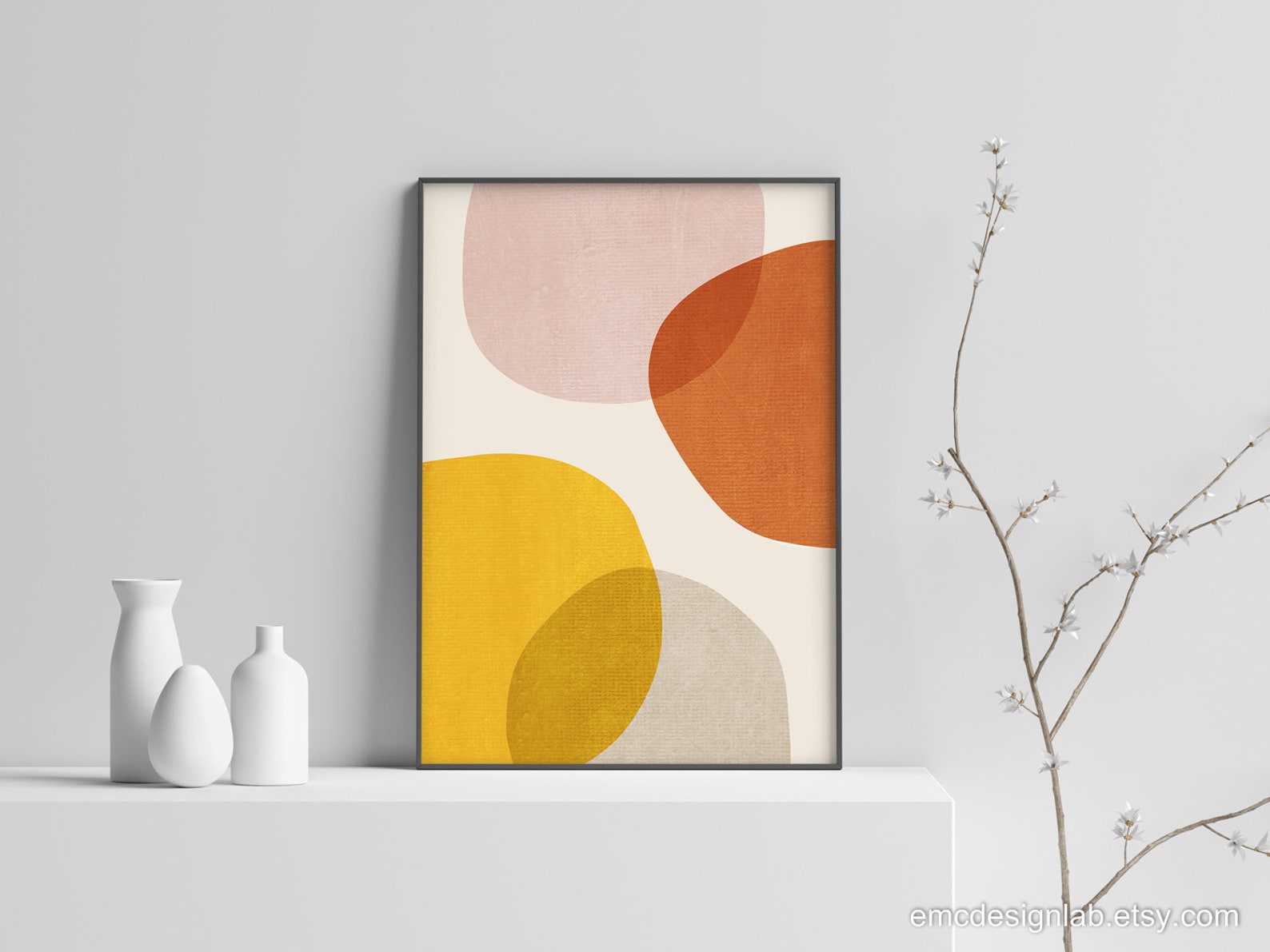 Mustard Beige Circles Wall Art, Yellow Burnt Orange Organic Shapes ...