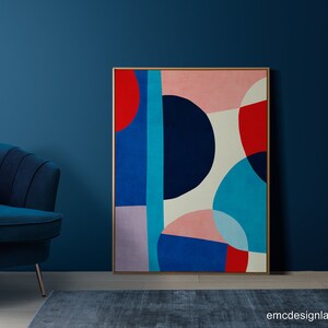 Abstract Rounded Shapes Modern Artwork / Blue Red White Pink Navy Wall ...