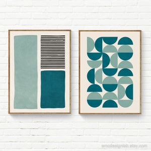 Teal Green & Light Green Wall Art Print / Modern Bold Black Line ...