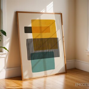 Abstract Teal Gray Yellow Wall Art, Mustard Light Teal Black Stripes ...