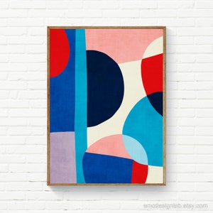 Abstract Rounded Shapes Modern Artwork / Blue Red White Pink Navy Wall ...