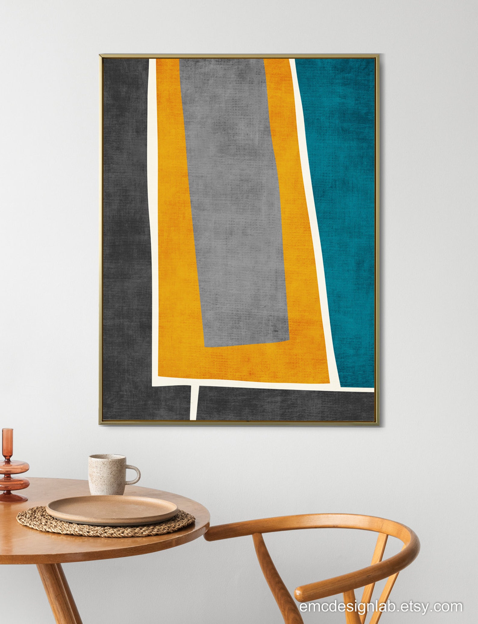 Mustard Teal Gray Art Print / Modern Mid-century Artwork / - Etsy