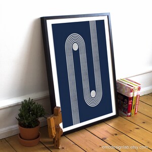 Navy Blue Retro Lines Print, Minimalist Navy and Grey Large Size Wall ...